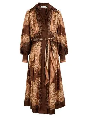 Zimmermann Luna Printed Belted Silk Midi Shirt Dress - Brown