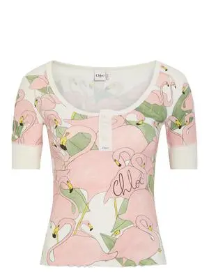 Chloé Flamingo-print Stretch-cotton Top - Ivory