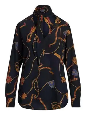 Ralph Lauren Chain-print Tie-neck Blouse - Blue