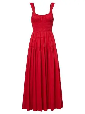 DÔEN Clover Shirred Cotton Poplin Maxi Dress - Red