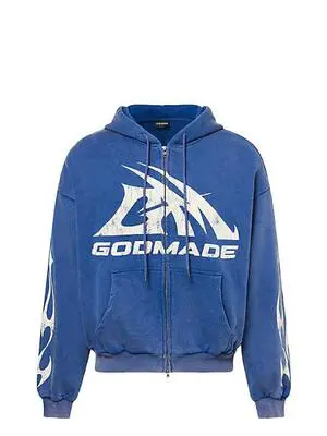 GODMADE Logo Print Cotton Zip-up Hoody - Washed Blue
