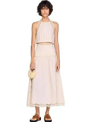 Sandro Plain Flared Maxi Skirt With Lace Trim - Pink