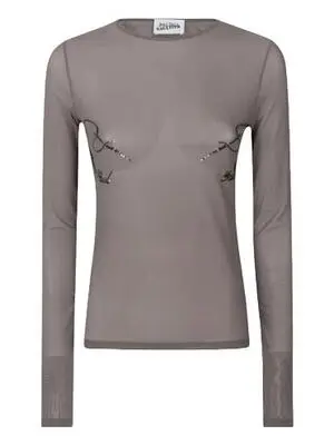 JEAN PAUL GAULTIER Mesh Crewneck Top With Embroidered Sleeves - Darkgrey