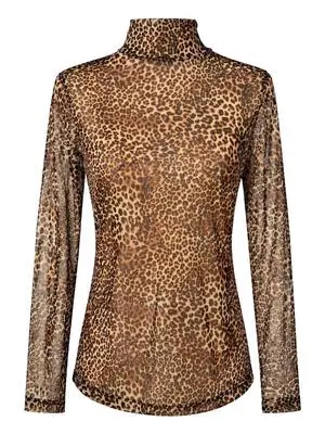 OH!ZUZA NIGHT&DAY Sheer Leopard Print Mesh Turtleneck Top - Brown/black