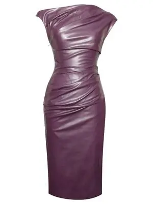 MISS CIRCLE NEW YORK Sabina Vegan Leather Slash Neck Midi Dress - Purple
