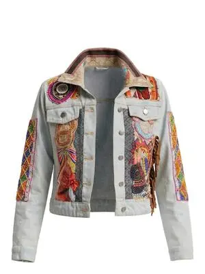 TANTRA SPAIN SL Denim Jacket With Embroidered African Design And Sequins - Blue