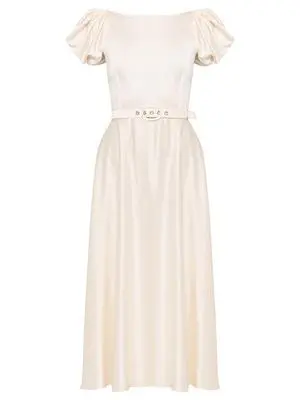 NISSA Belted Viscose Midi Dress - White