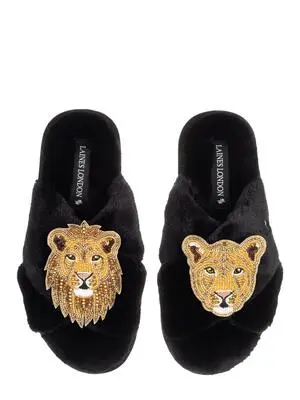 LAINES LONDON Laines London Classic Slippers With Lion Brooches Black