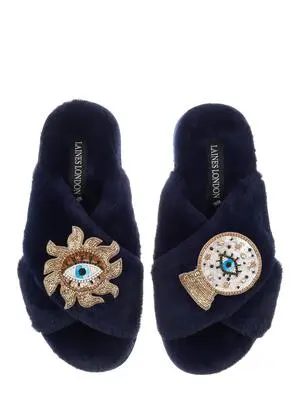 LAINES LONDON Classic Slippers With Mystic Eye Brooches - Blue