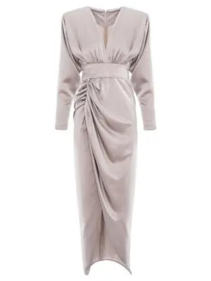 BLUZAT Long Sleeve Wrap Dress With Draping - Silver