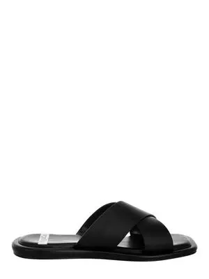 RAG & CO Genuine Leather Criss-cross Square Toe Flats - Black