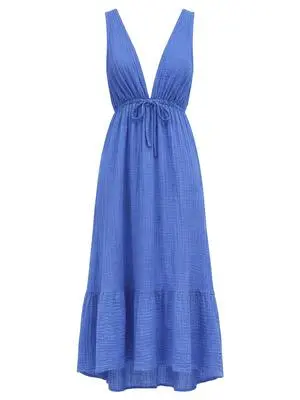 Haris Cotton Maxi Dress With V Neck - Blue