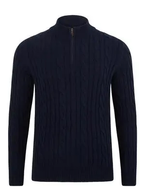 PAUL JAMES KNITWEAR Midweight Cotton Cable Knit Quarter Zip Jumper - Blue