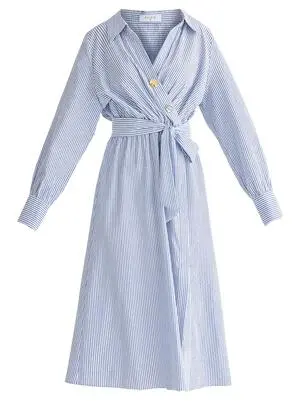 PAISIE Striped Wrap Midi Shirt Dress With Metallic Button Detail - Blue