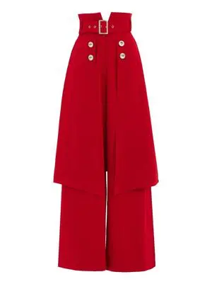 JULIA ALLERT Wide Leg Trousers With Asymmetrical Skirt Overlay And Belt - Red