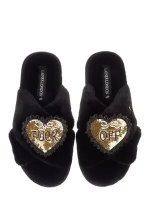 LAINES LONDON Classic Slippers With Brooches - Black