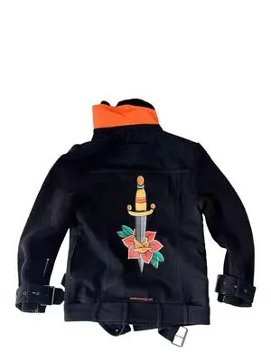 CIRCULAR PATH Wren + Glory Black Denim Moto Jacket With Dagger And Rose Graphic Orange/black