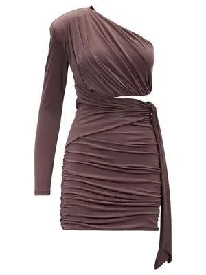 BLUZAT Asymmetrical Mini Dress With Scarf - Brown