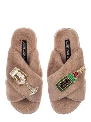 LAINES LONDON Laines London Faux Fur Slippers With Darling Brooches Brown