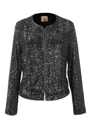 SMART AND JOY Round Collar Glitter Jacket - Black