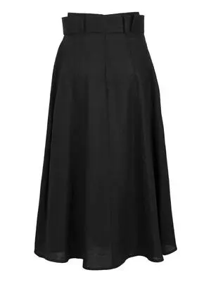 EXQUISE Belted Flared Midi Linen Skirt - Black