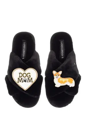 LAINES LONDON Laines London Classic Slippers With Dog Brooches Black