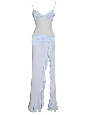 MISS CIRCLE NEW YORK Lacy Ruched High Slit Chiffon Gown - Blue