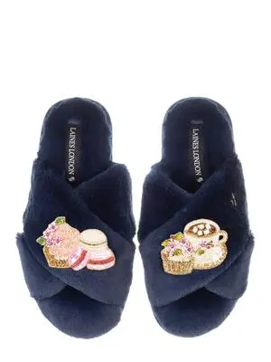LAINES LONDON Classic Laines Slippers With Macaroon Brooches - Blue
