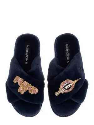 LAINES LONDON Navy Slippers With Plump It Pout Brooches - Blue