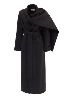 JULIA ALLERT Long Wrap Coat With Draped Collar - Black