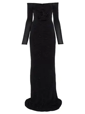 NISSA Floral-appliqué Ruched Maxi Dress - Black