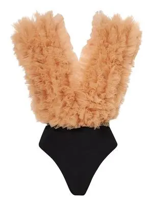 LIA ARAM Ruffled Tulle Bodysuit - Beige