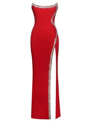 MISS CIRCLE NEW YORK Crystal Embellished High Slit Gown - Red
