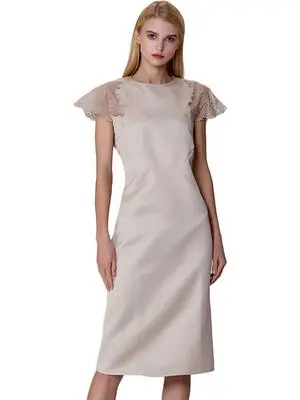 SMART AND JOY Satin Dress With Lace Sleeves - White