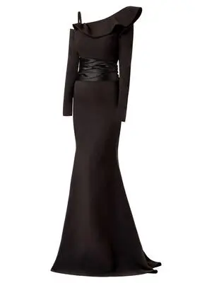 TIA DORRAINE Asymmetric Ruffled Gown With Satin Belt - Black