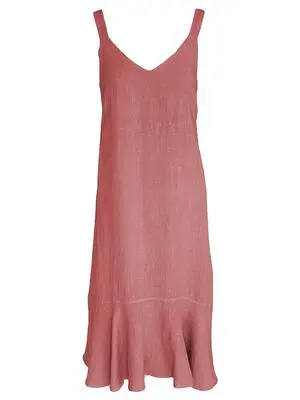 Haris Cotton Strapped Midi Linen Dress With Back Elastic - Brown