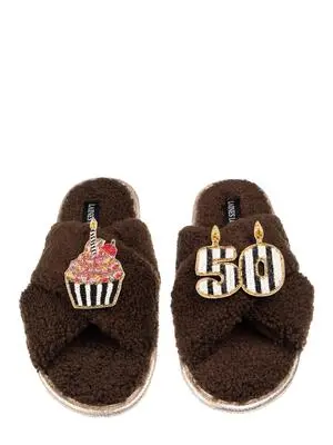 LAINES LONDON Boucle Slippers With Brooches - Brown