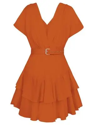 ALINA CERNATESCU Linen Bamboo Cocktail Midi Dress With Belt - Orange