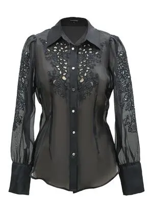 SMART AND JOY Embroidered Organza Blouse - Black