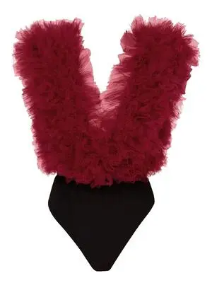 LIA ARAM Signature Ruffled Tulle Bodysuit - Red