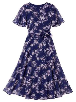 YUMI Blossom Print Midi Skater Dress - Blue