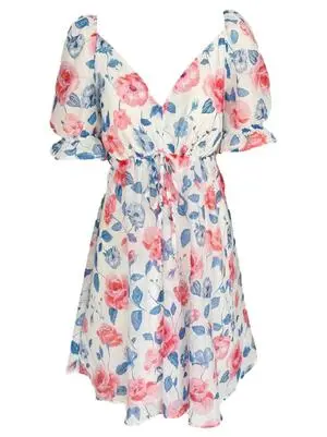 Haris Cotton Printed Mini Dress With Puff Sleeves - Blue/pink/white
