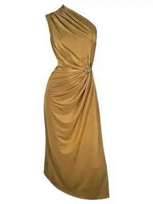 ME & THEE One Shoulder Draped Dress With Brooch - Gold/yellow