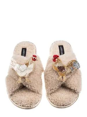 LAINES LONDON Boucle Slippers With Chicken And Rooster Brooches - Brown
