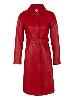 SANTINNI Belted Leather Coat - Red