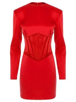 BLUZAT Satin Mini Dress With Corset - Red