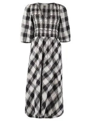 ROSE & NANCY Cotton Check Smocked Midi Dress - Black/white/grey