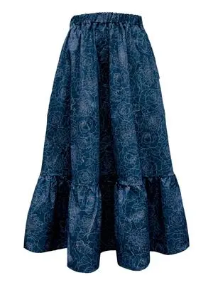 FROCK TALES Boho Gathered Midi Skirt With Pockets Blue/white