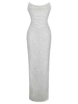 MISS CIRCLE NEW YORK Myra Beaded Mesh Strapless Maxi Dress - White