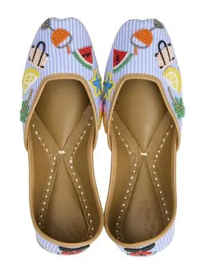 PODE Aperol Travel Embroidered Leather Flats - Blue